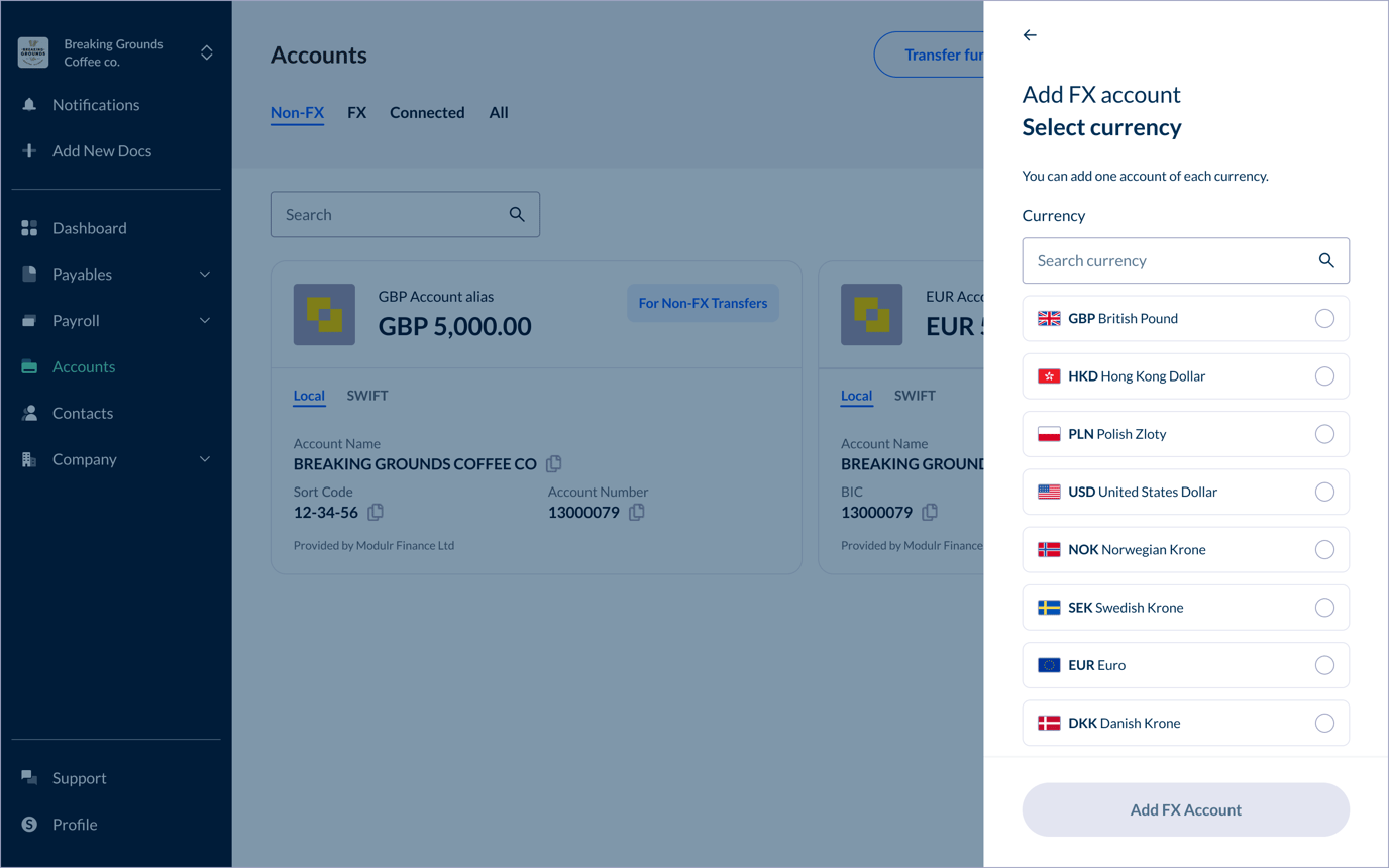 How do I set up a Modulr Accounts Payable account for making FX transfers?
