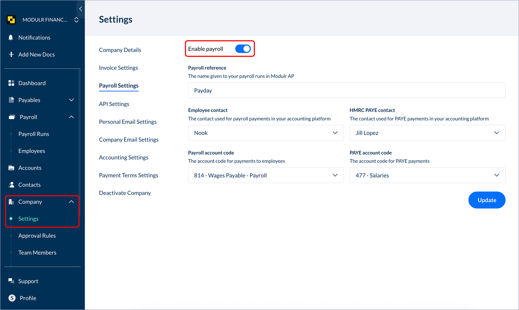 How do I enable payroll on Modulr Accounts Payable?
